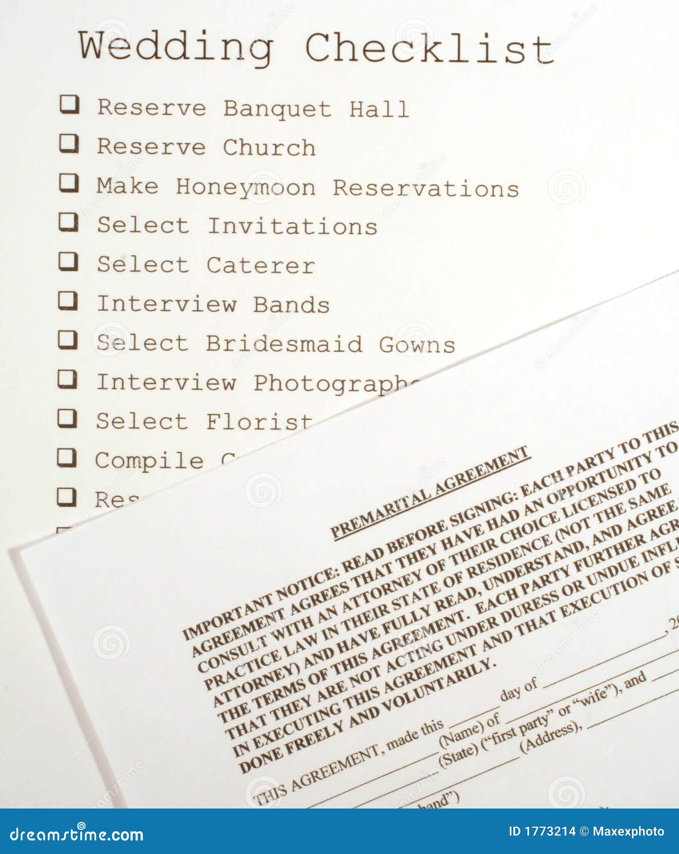 Wedding Checklist and Premarital Agreement Stock Photo - Image of ...