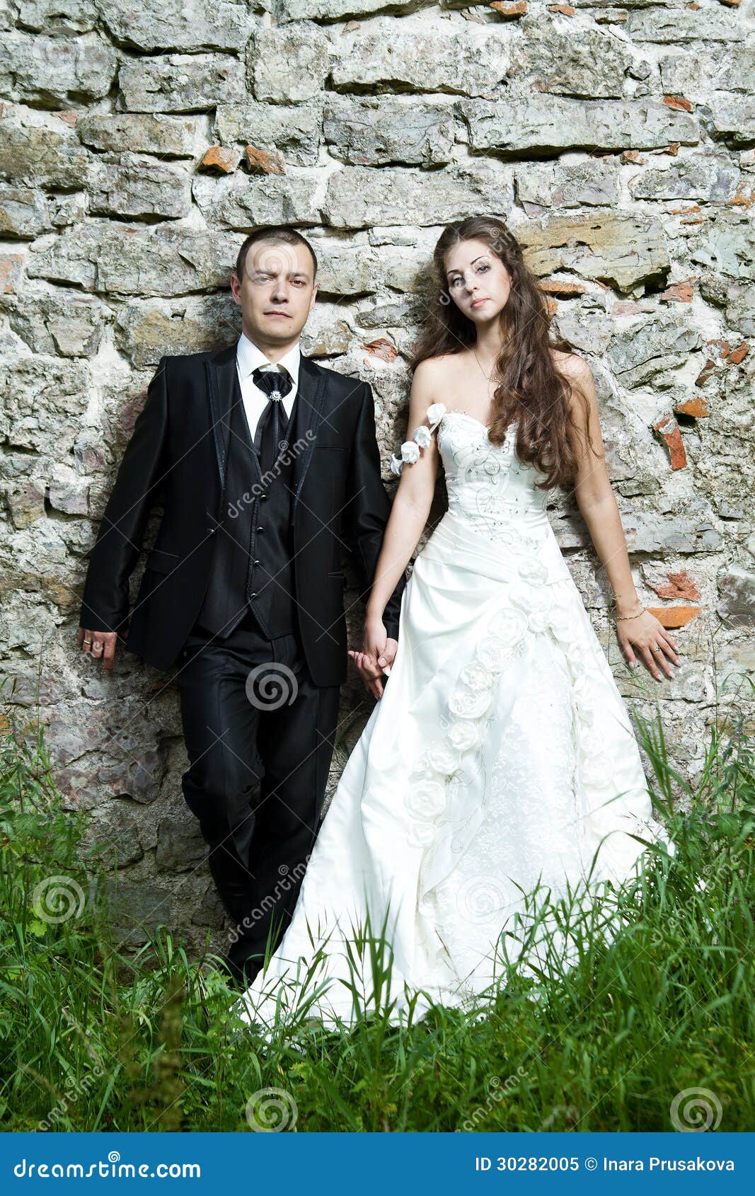 Wedding Couple, Stone Brick Wall Stock Image - Image of brick, glamour ...