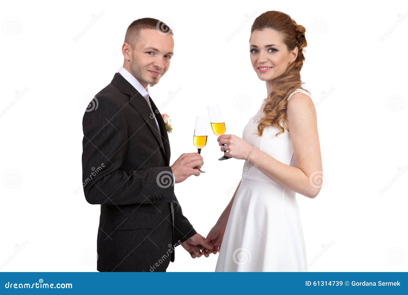 Wedding Couple with Champagne Glasses Stock Image - Image of long ...