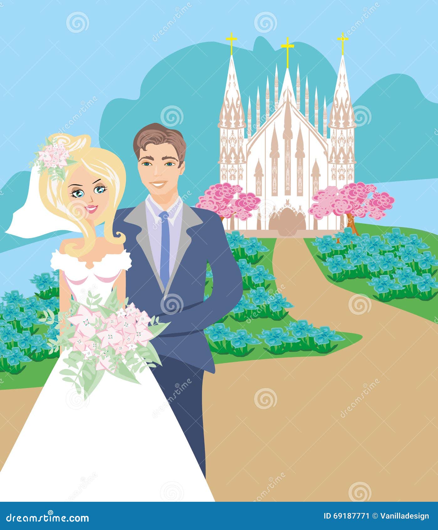 Wedding Couple in Front of a Church Stock Vector - Illustration of ...
