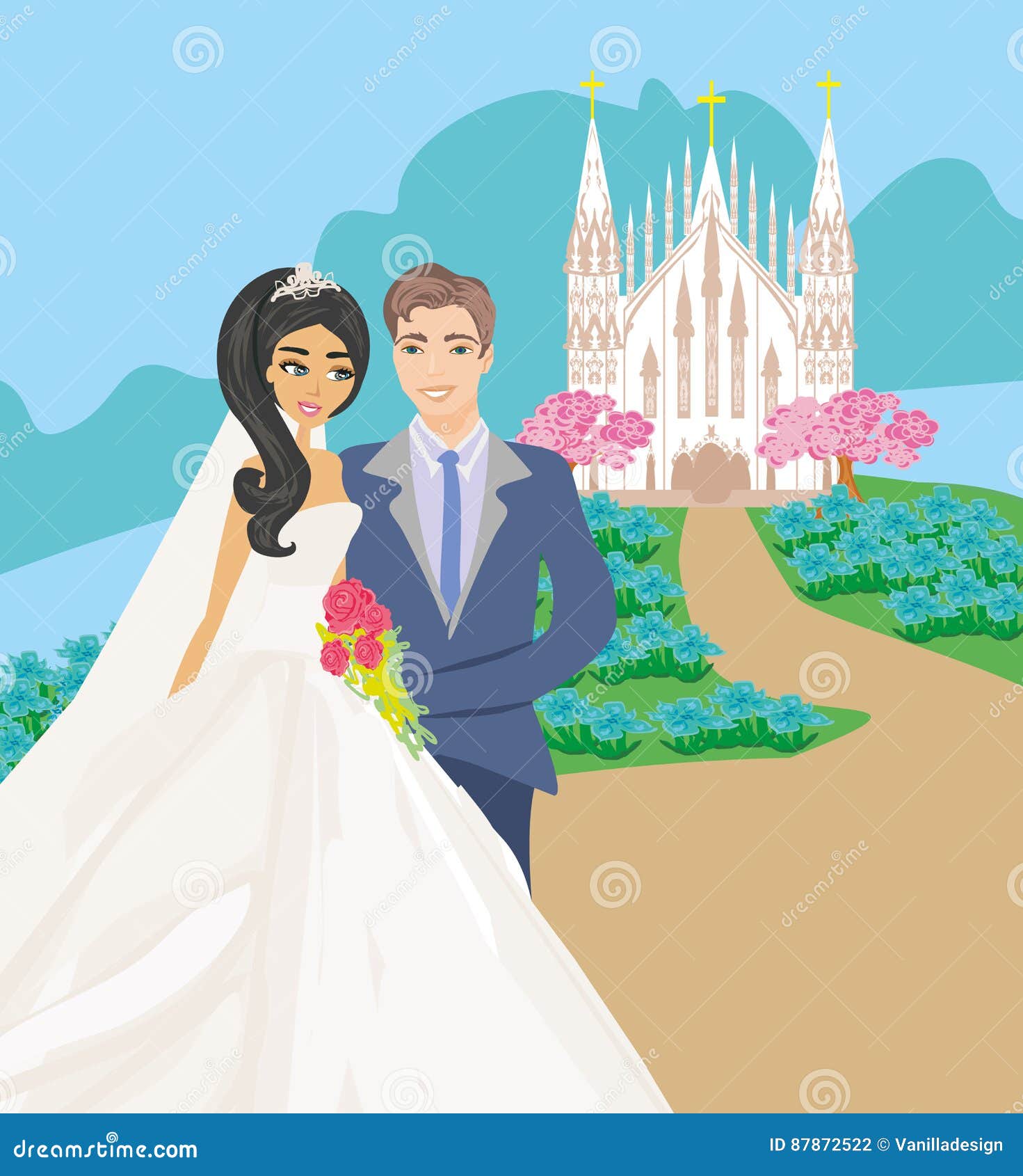 Wedding Couple in Front of a Church Stock Vector - Illustration of ...