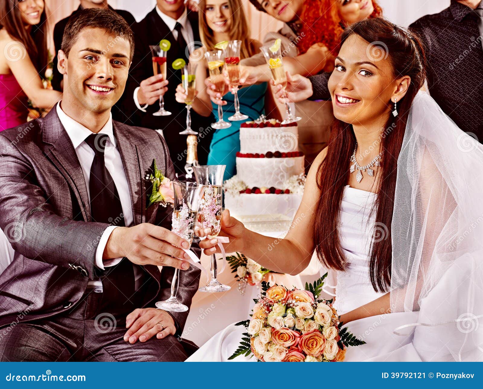 Wedding Couple and Guests Drinking Champagne. Stock Image - Image of ...