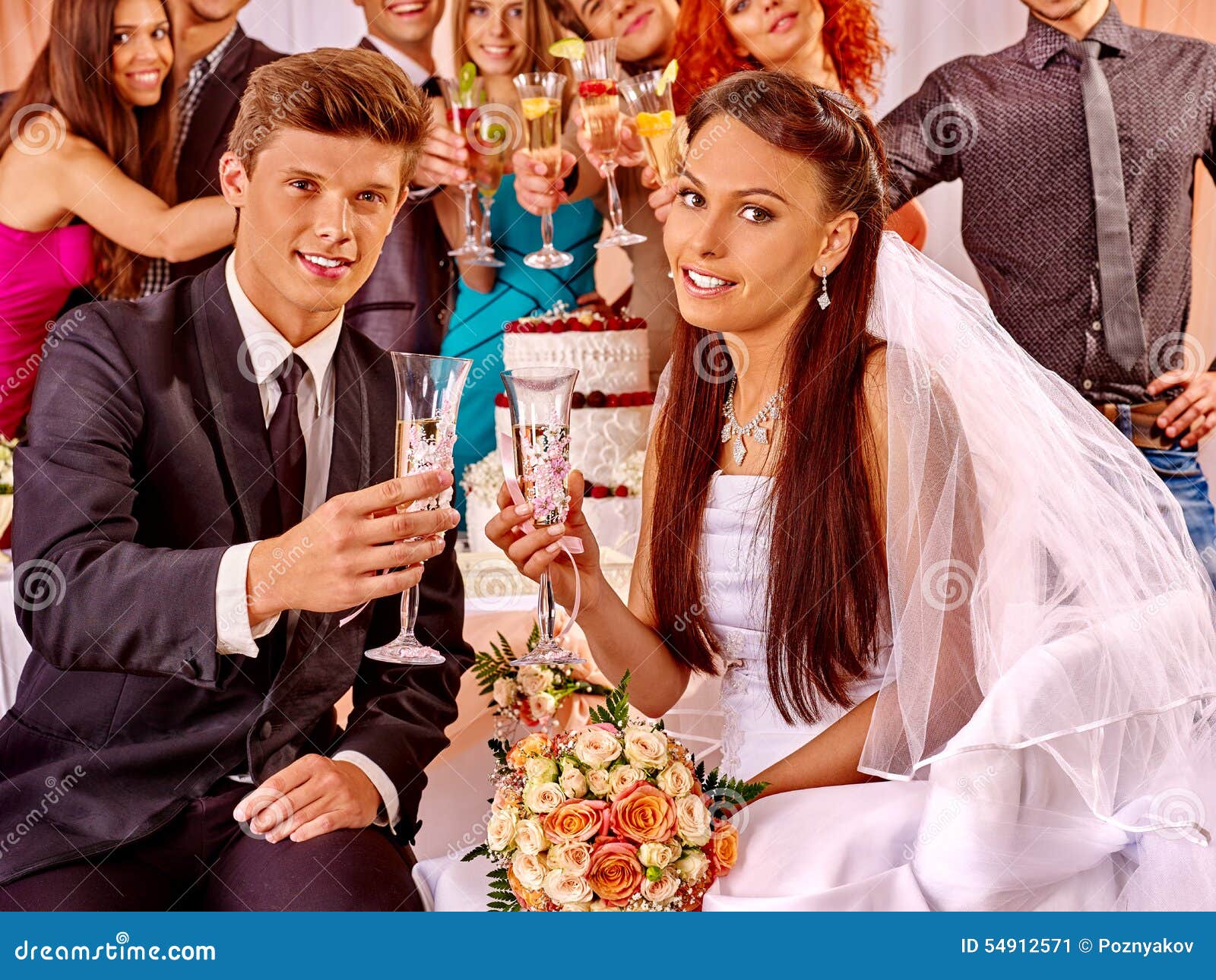 Wedding Couple and Guests Drinking Champagne Stock Image - Image of ...
