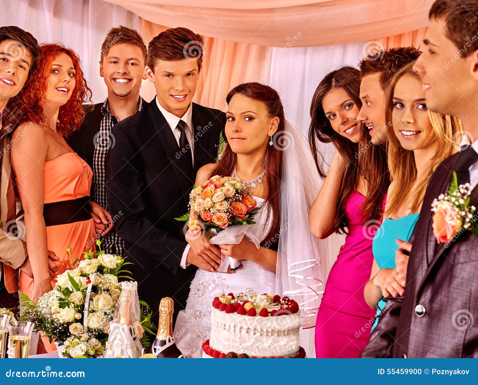 Wedding Couple and Guests Drinking Champagne Stock Photo - Image of ...