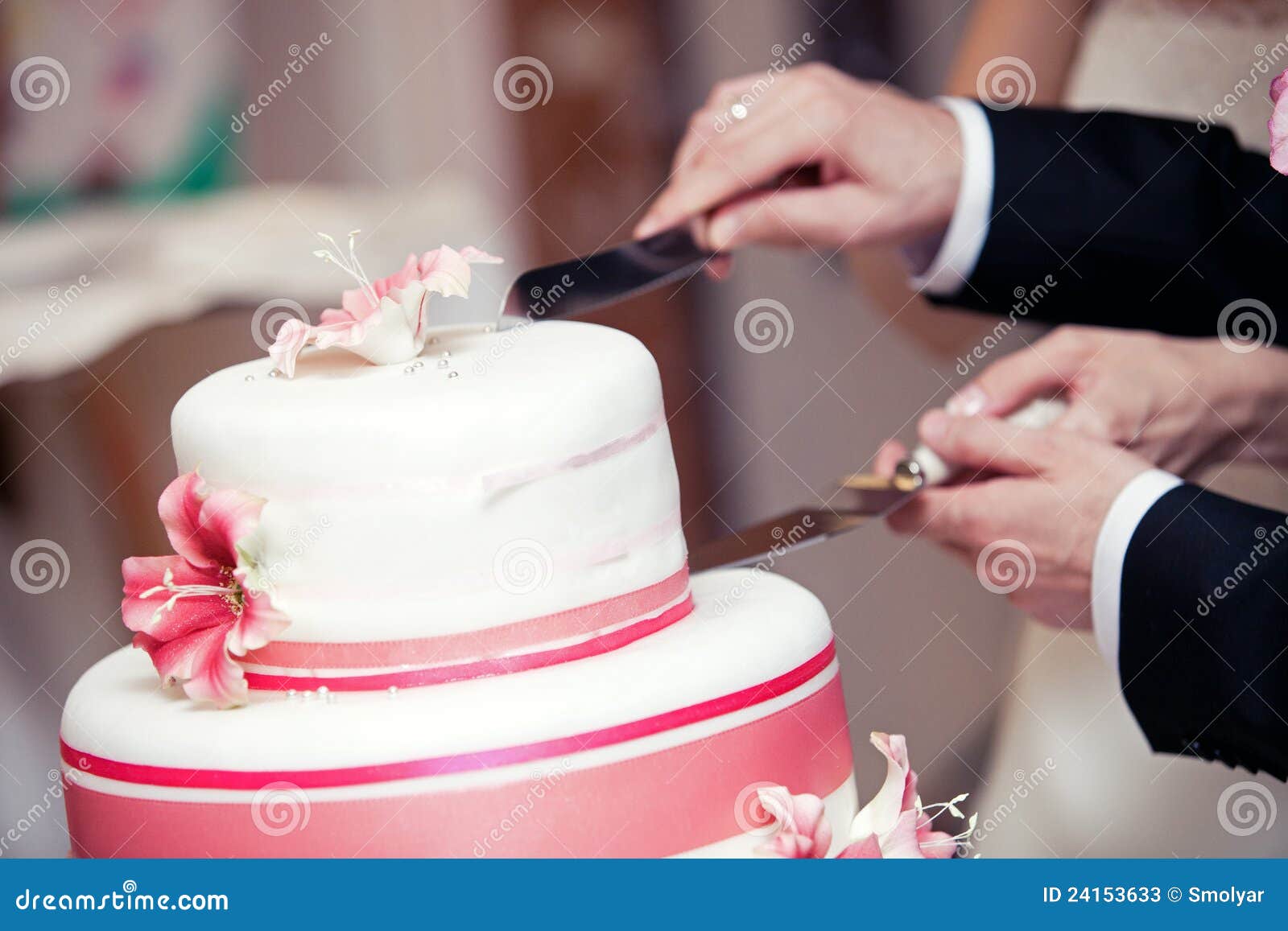 Wedding Couple Hands Cutting a Wedding Cake Stock Image - Image of ...