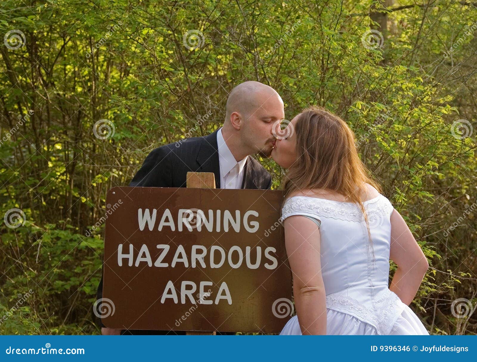 Wedding Couple Hazardous Area Sign Stock Photo - Image of brunette ...