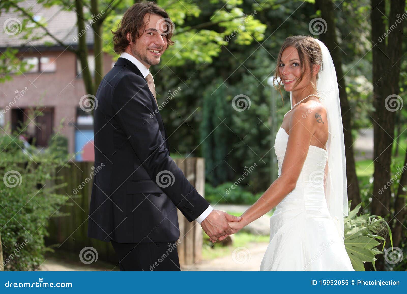 Wedding Couple Holding Hands Stock Image - Image of bridegroom, city ...