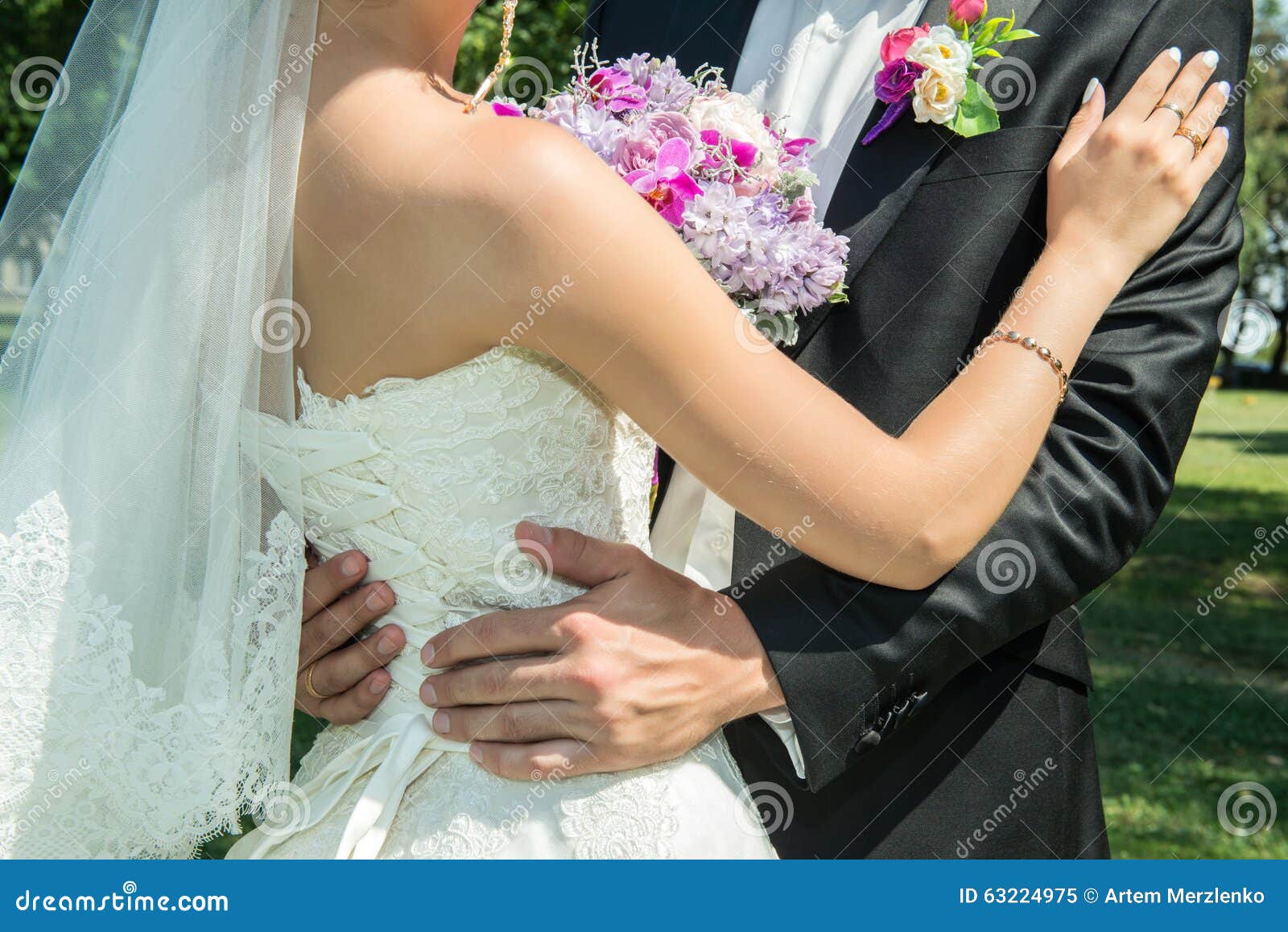 Wedding Couple Holding Hands and Hugging Stock Image - Image of bridal ...