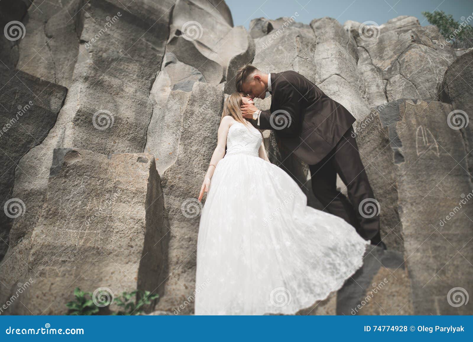Wedding Couple Posing on Great Stones. the Bride and Groom Stock Photo ...