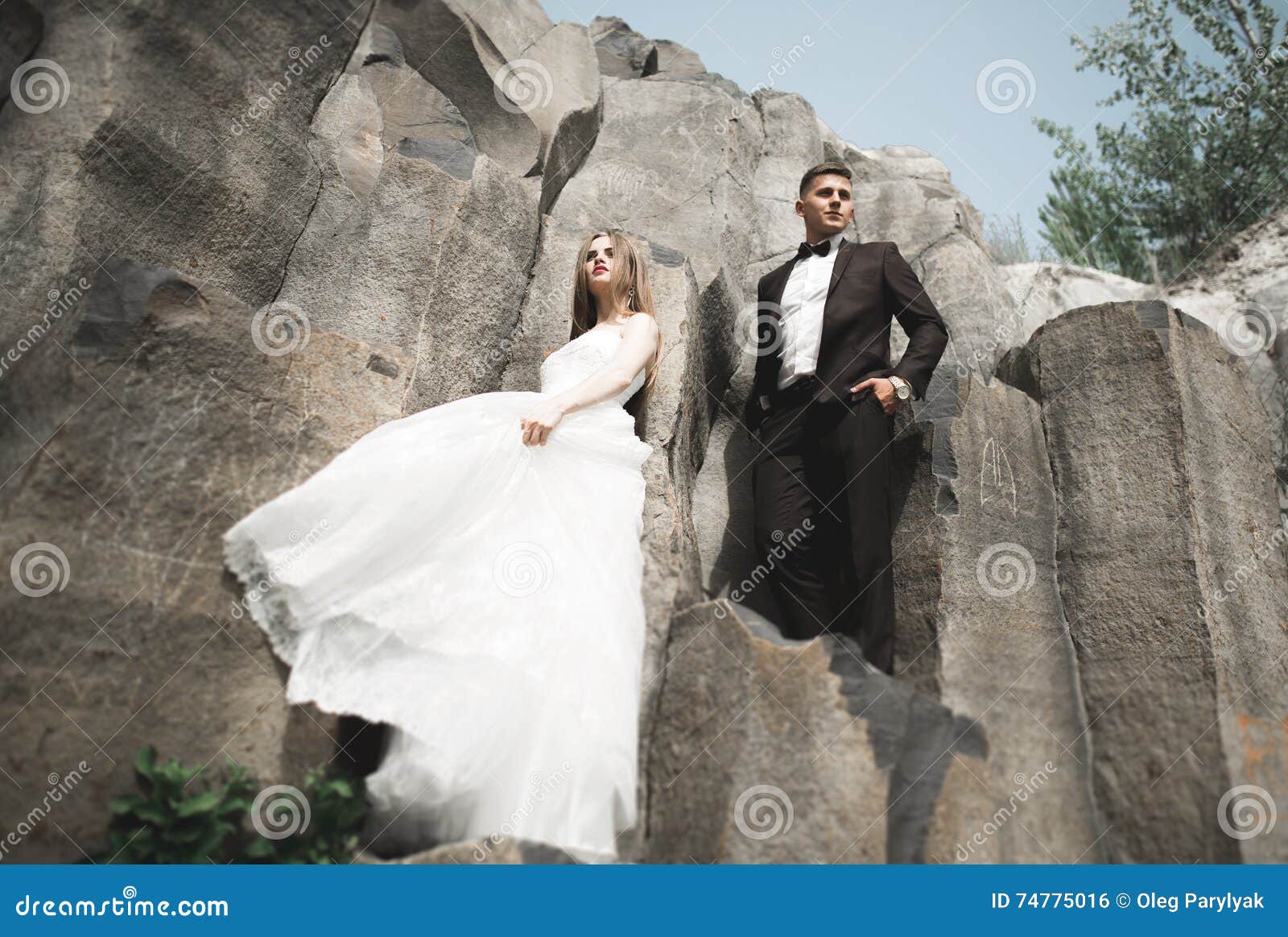 Wedding Couple Posing on Great Stones. the Bride and Groom Stock Photo ...