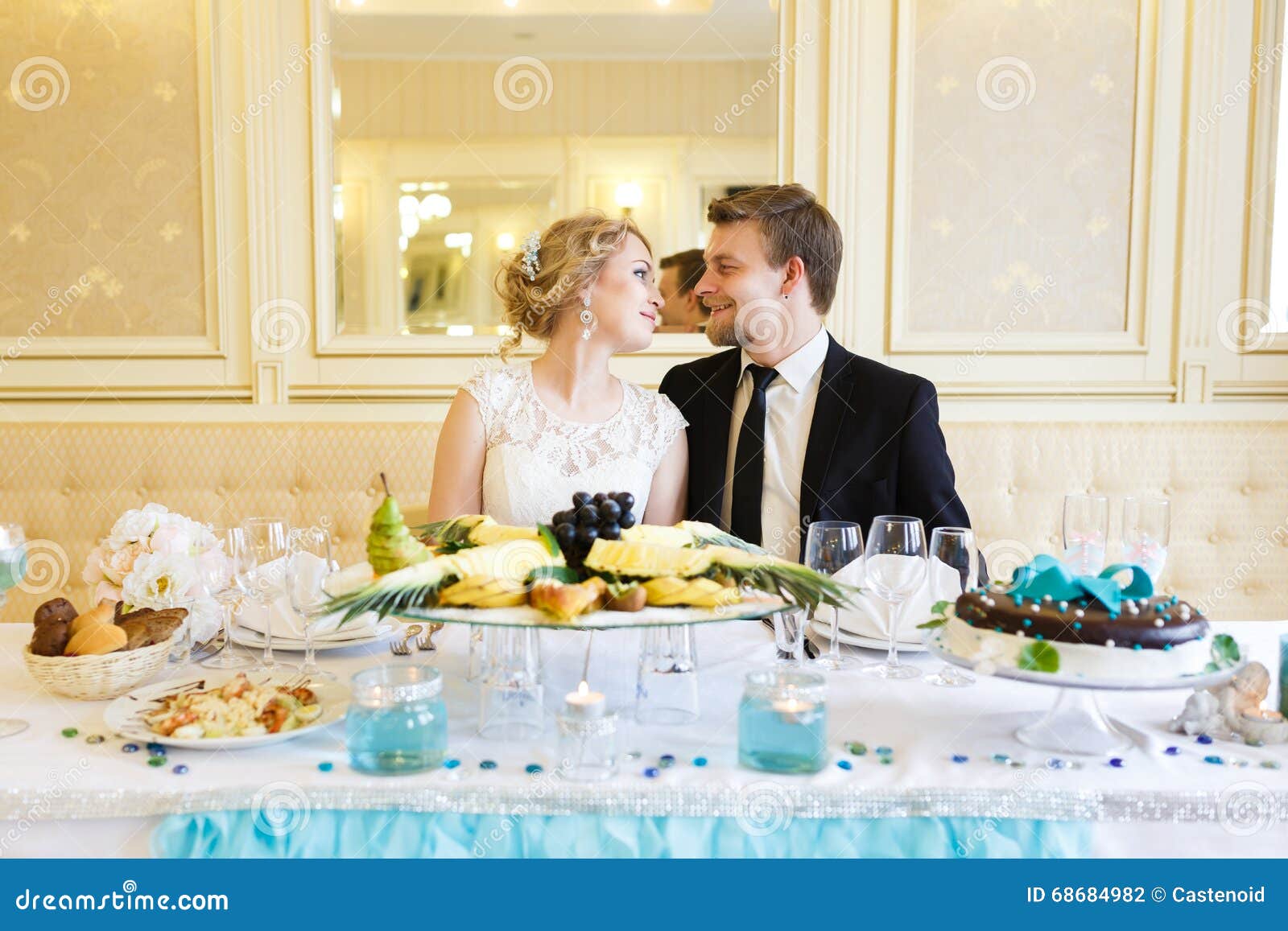 Wedding Couple at the Table Stock Photo - Image of interior, inside ...