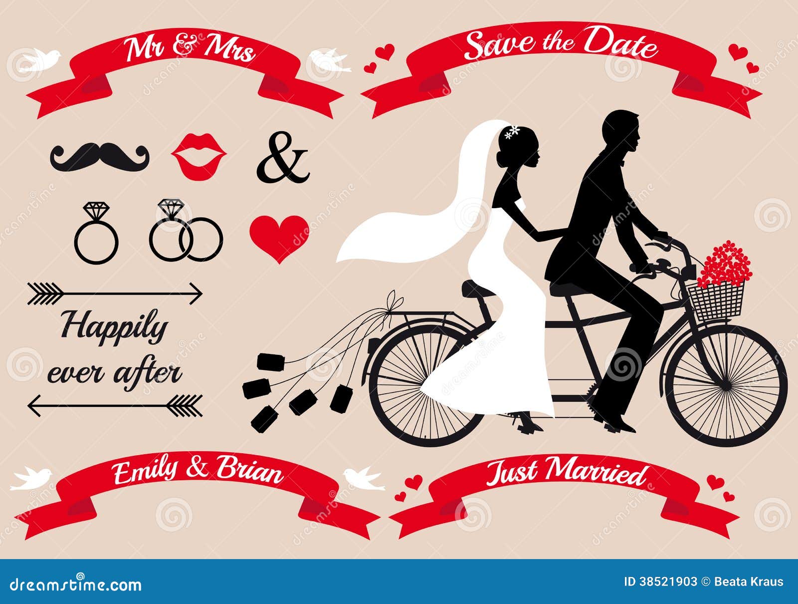 Wedding Couple on Tandem Bicycle, Vector Set Stock Vector ... Wedding Couple on Tandem Bicycle, Vector Set Stock Vector ...