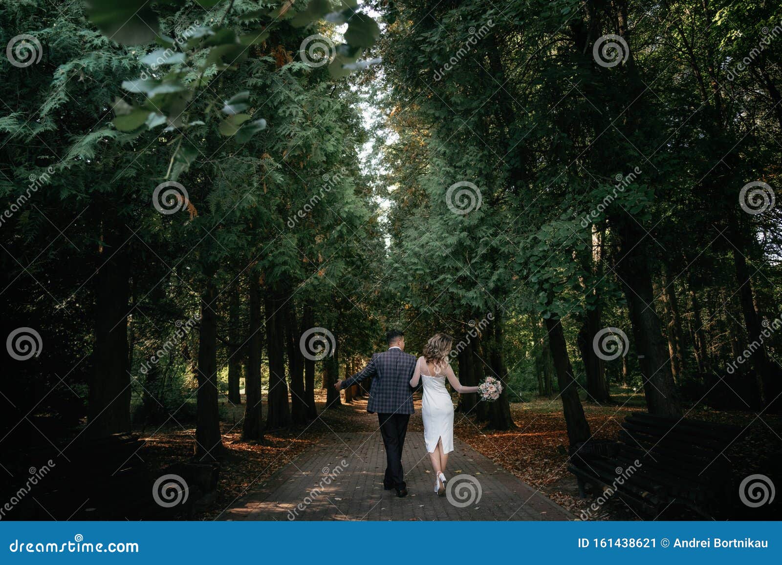 Wedding Couple Walks in Forest Stock Image - Image of dark, back: 161438621