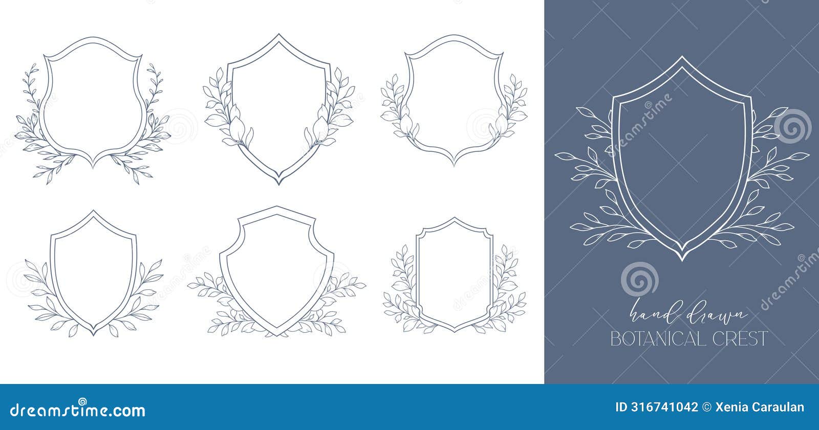 Wedding Crest Floral Line Art Design. Botanical Crest Line Drawing ...