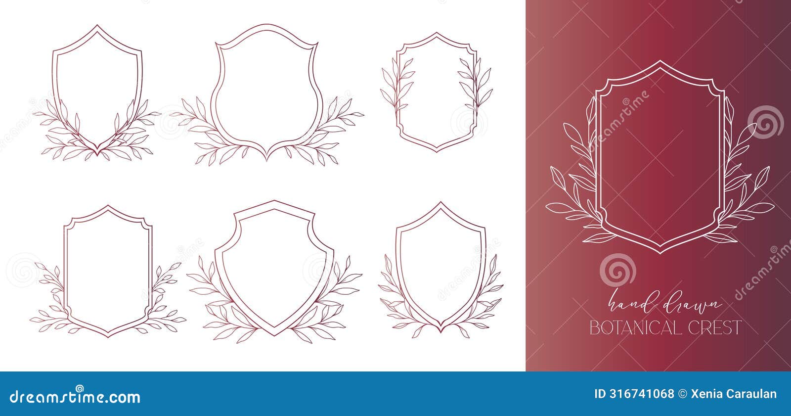 Wedding Crest Floral Line Art Design. Botanical Crest Line Drawing ...