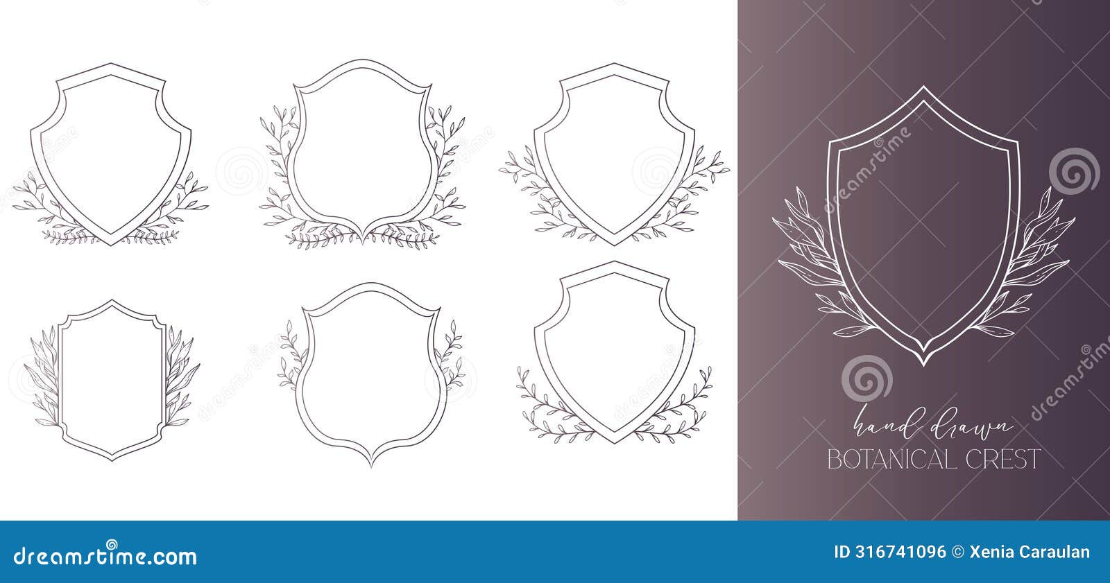 Wedding Crest Floral Line Art Design. Botanical Crest Line Drawing ...