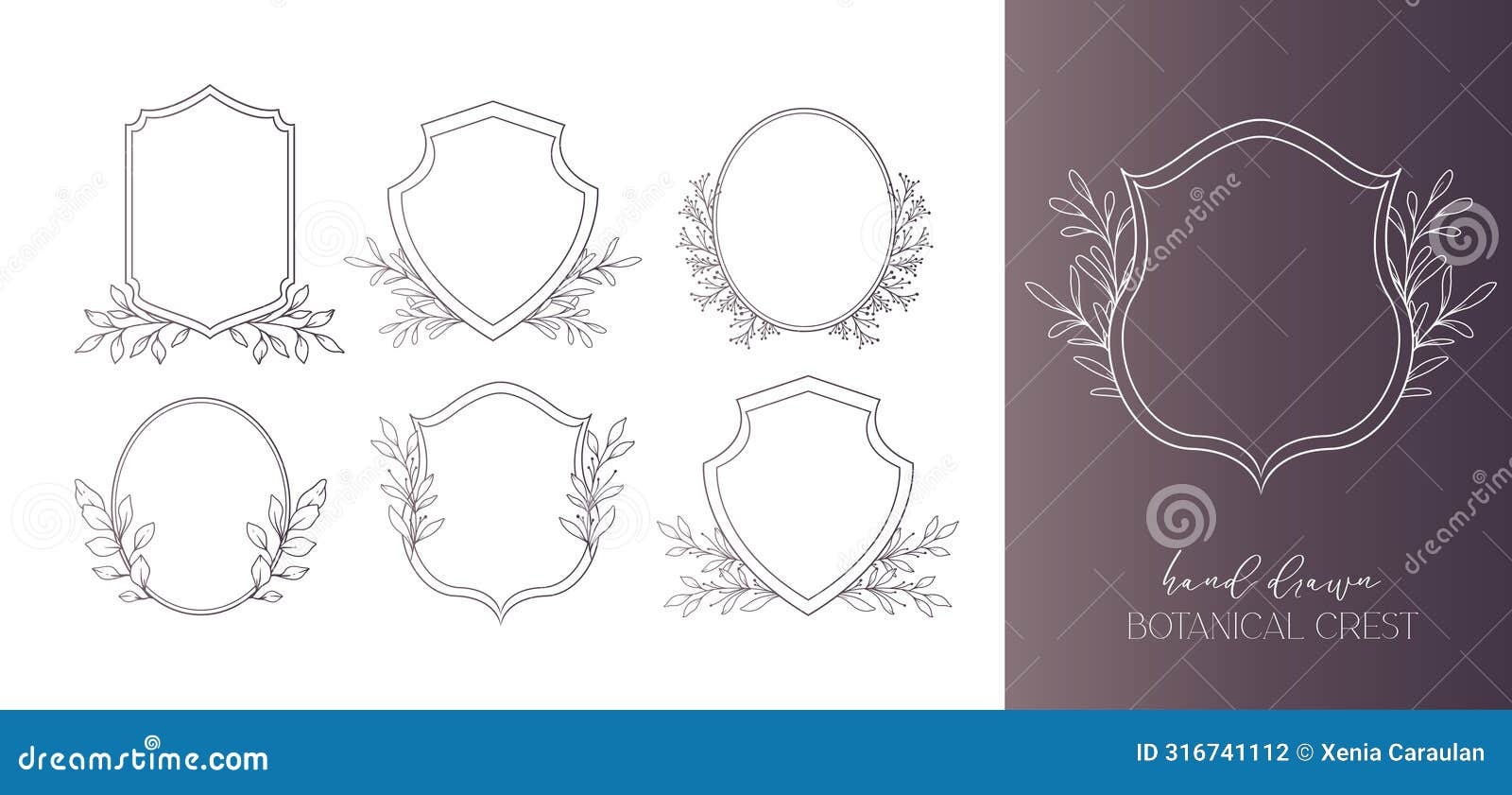 Wedding Crest Floral Line Art Design. Botanical Crest Line Drawing ...