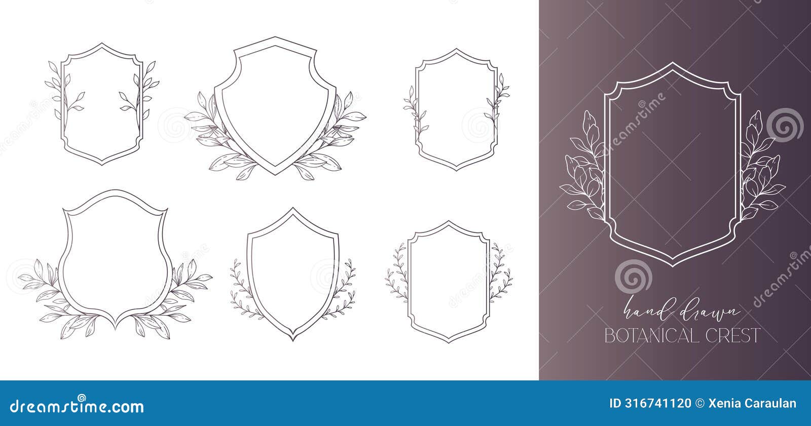 Wedding Crest Floral Line Art Design. Botanical Crest Line Drawing ...