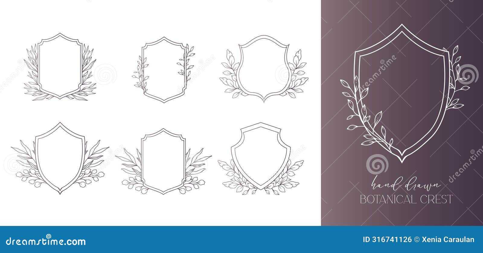 Wedding Crest Floral Line Art Design. Botanical Crest Line Drawing ...
