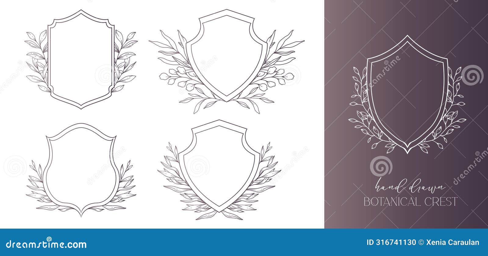 Wedding Crest Floral Line Art Design. Botanical Crest Line Drawing ...