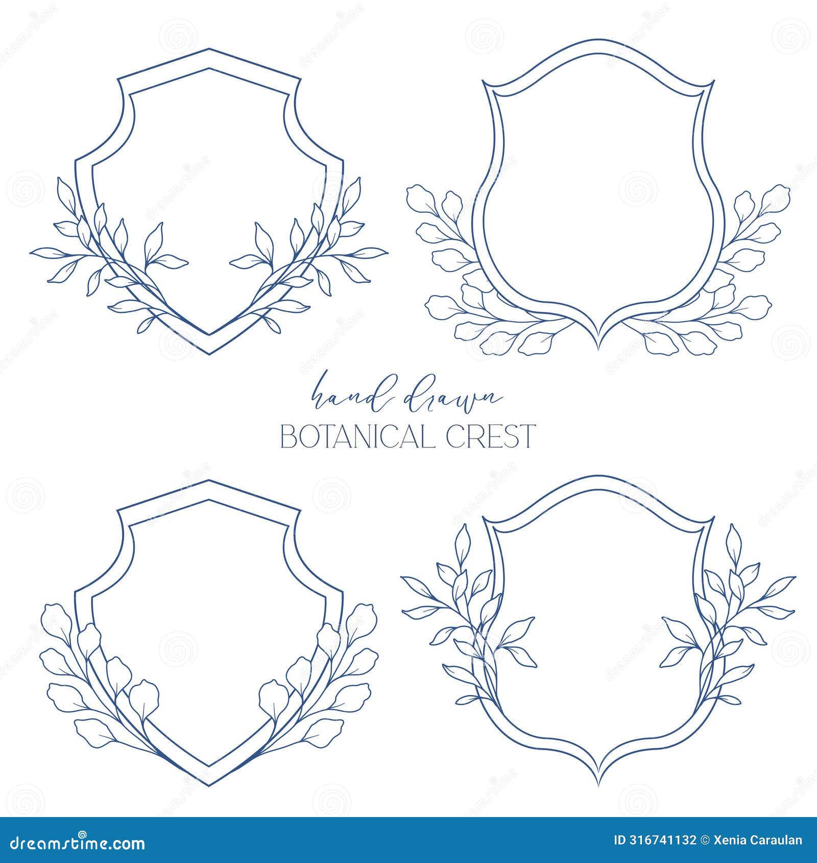 Wedding Crest Floral Line Art Design. Botanical Crest Line Drawing ...