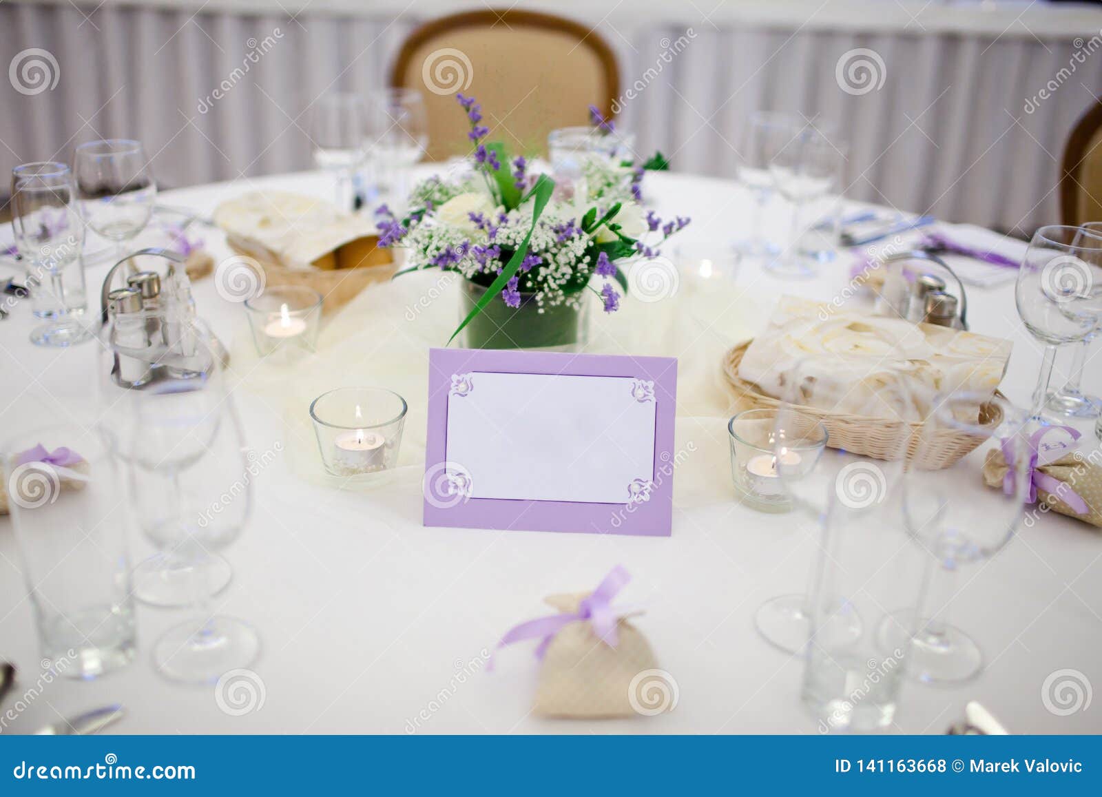 Wedding Decorated Table - Empty Panel - Purple Frame Stock Photo ...