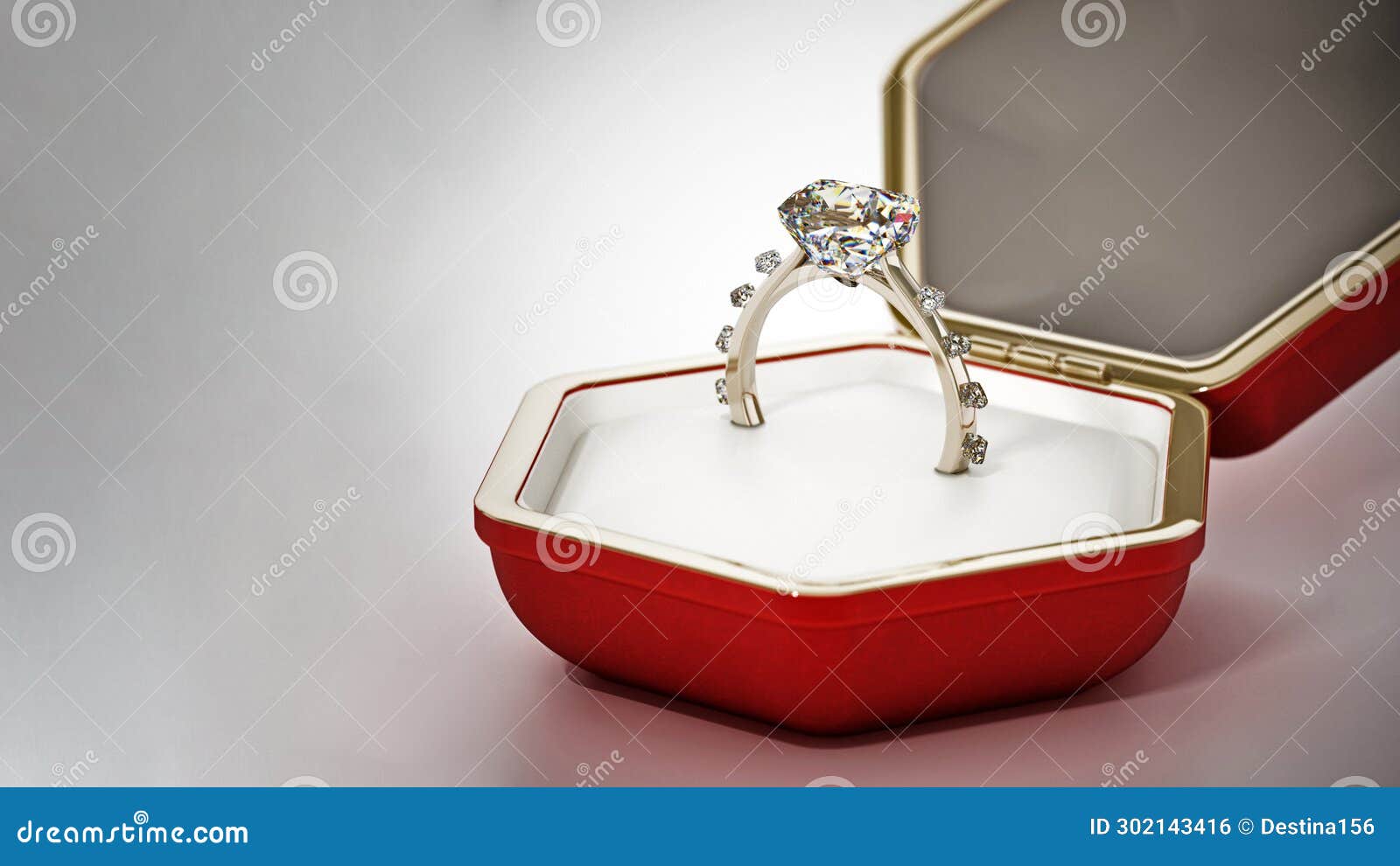 Wedding Diamond Ring Standing in Hexagonal Box. 3D Illustration Stock ...
