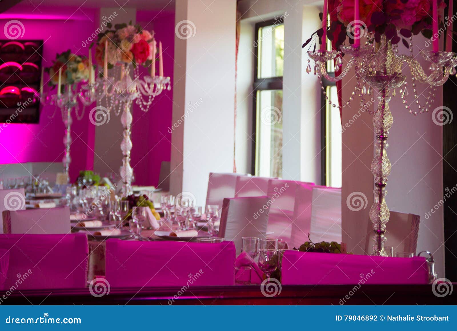 Wedding Dinner Table in Purple Light Stock Photo - Image of interior ...