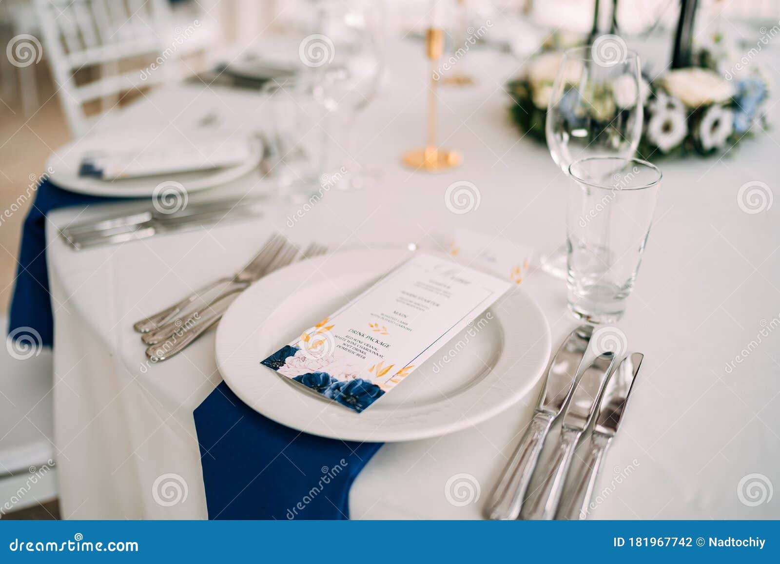 Wedding Dinner Table Reception. White Plate on the Table, Three Forks ...