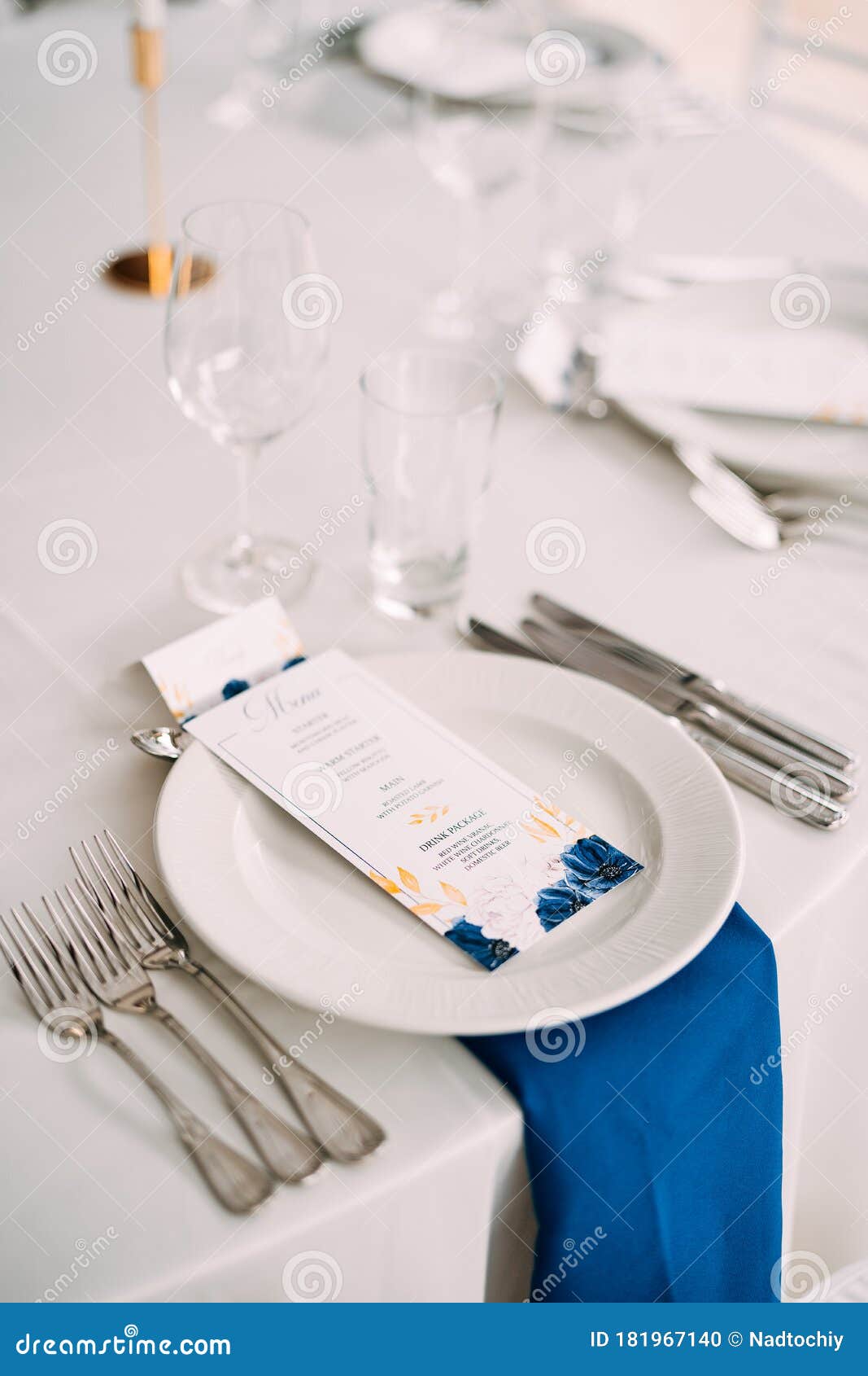 Wedding Dinner Table Reception. White Plate on the Table, Three Forks ...