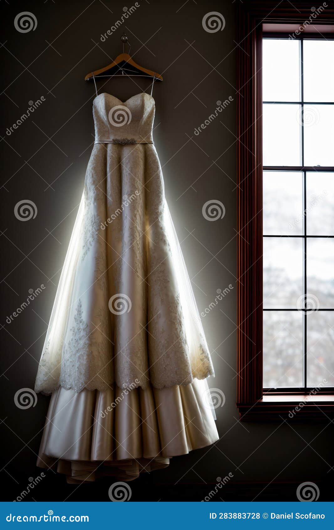 A Wedding Dress Hanging in Front of a Window. Generative AI Stock Photo ...