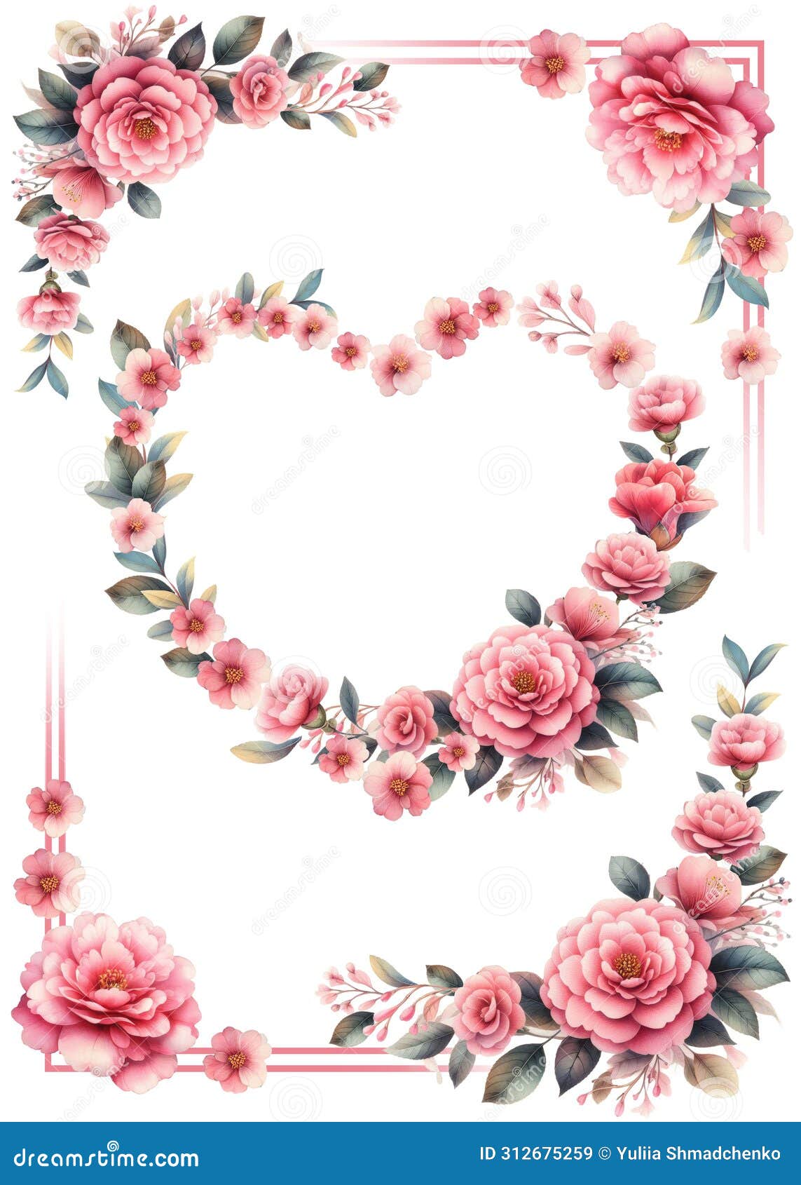 Wedding Floral Rectangular Square Pink Frame Wreath with Roses and ...