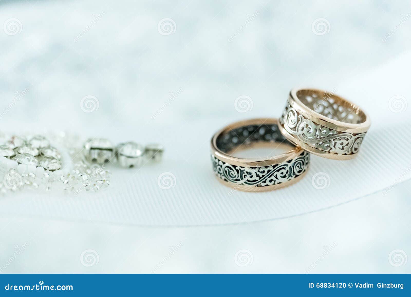 Wedding Gold Rings on White Ribbon Stock Photo - Image of reflection ...