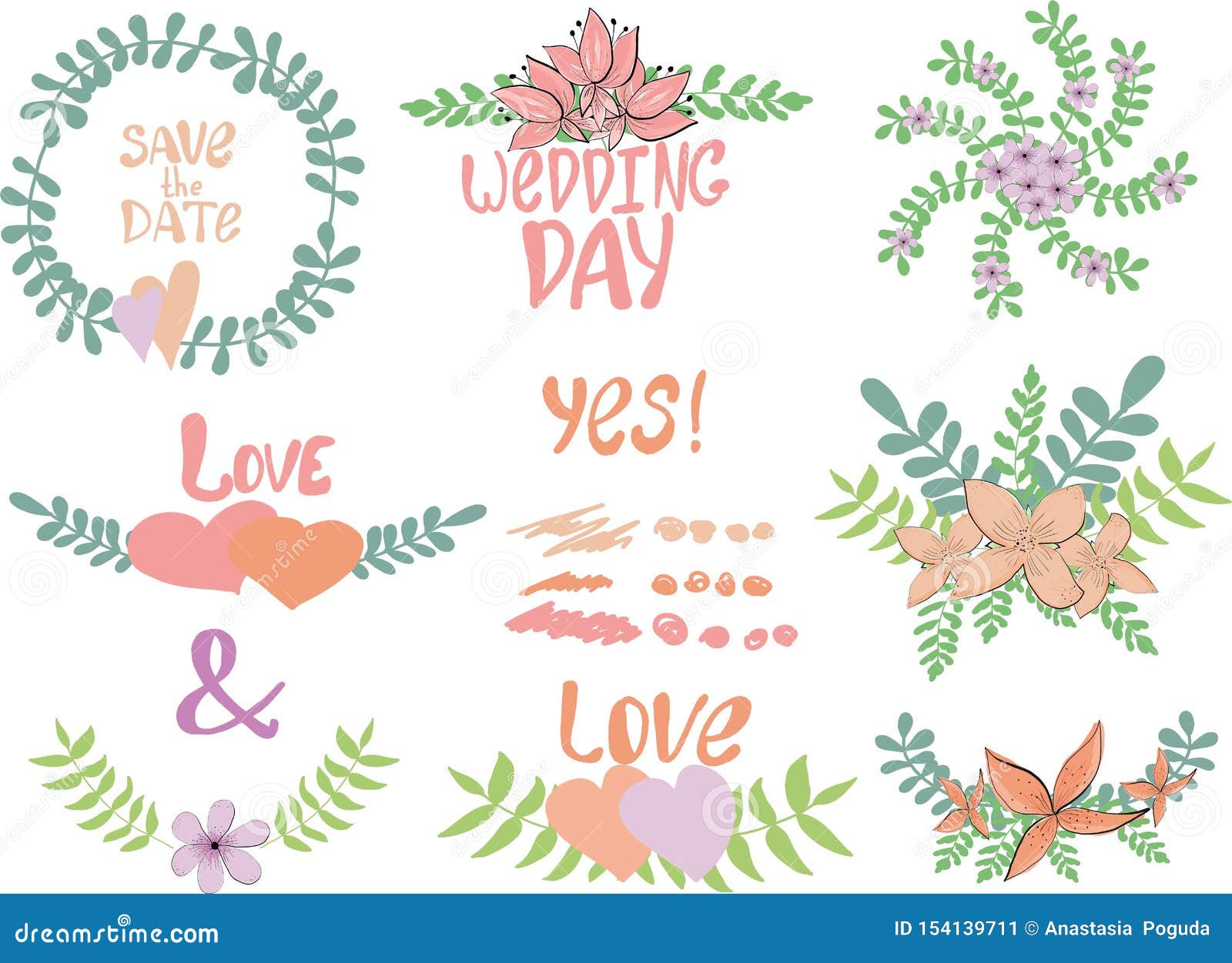 Wedding Graphic Set of Floral Frames with Inscriptions and Elements for ...