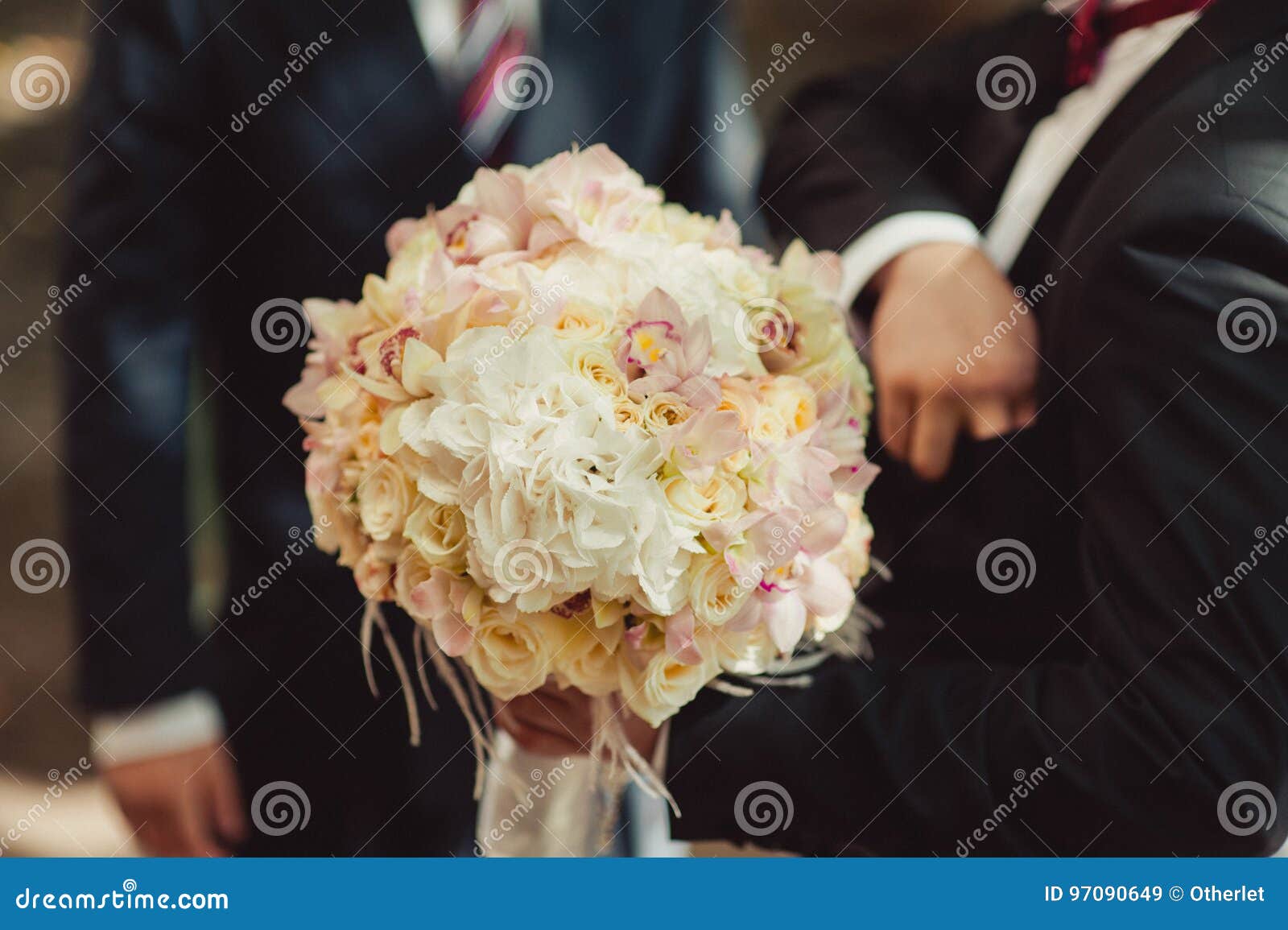 Wedding Groom with Brides Bouquet of Flowers Stock Image - Image of ...
