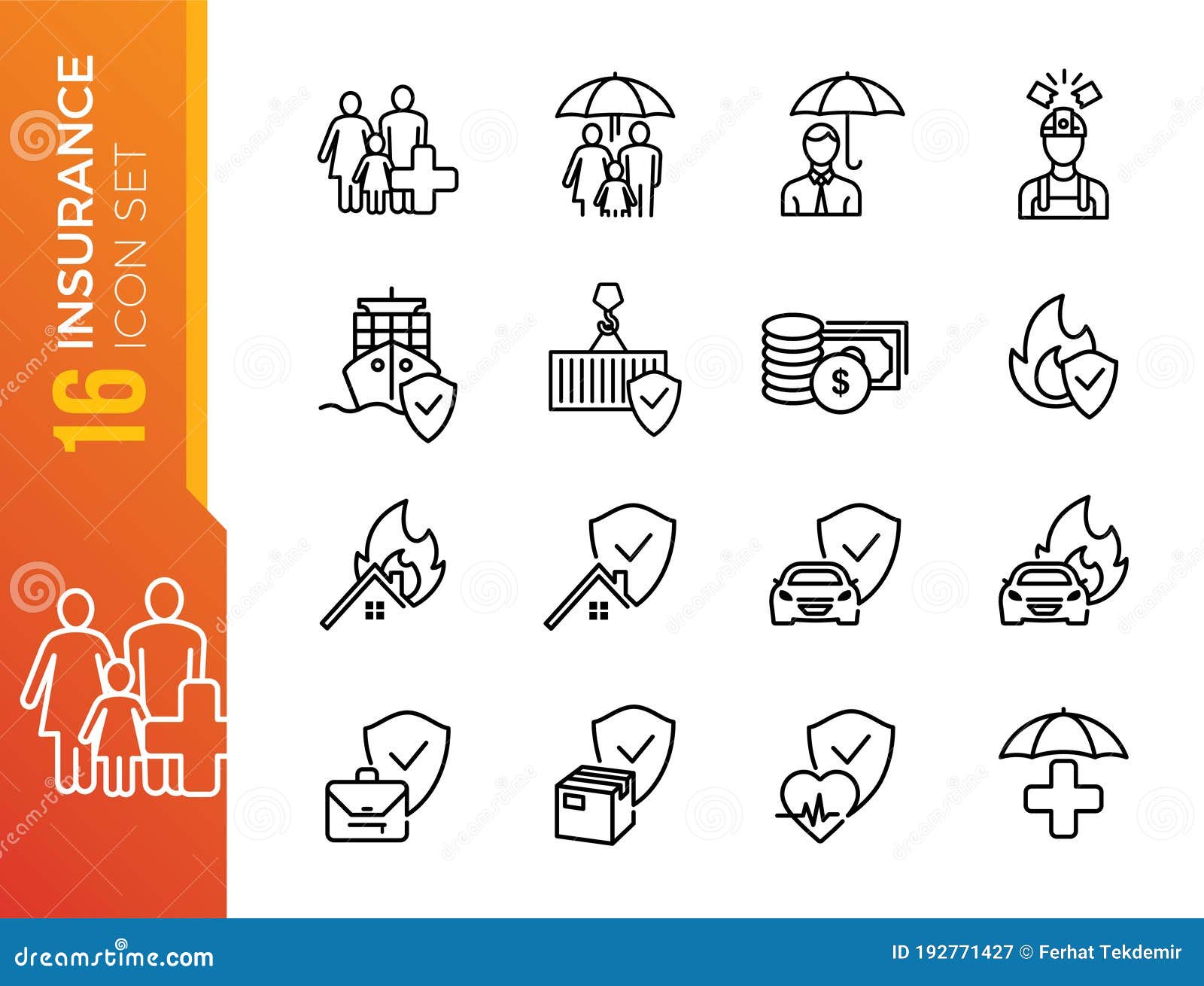 Minimal Insurance Line Icon Set Stock Illustration - Illustration of ...