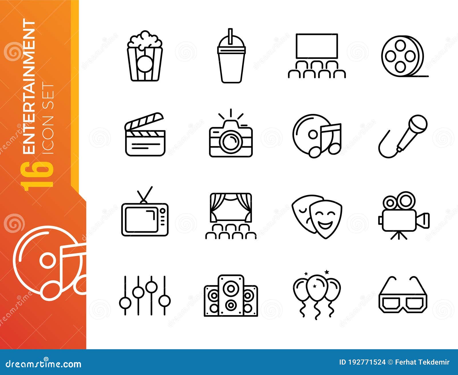 Minimal Entertainment Line Icon Set Stock Illustration - Illustration ...