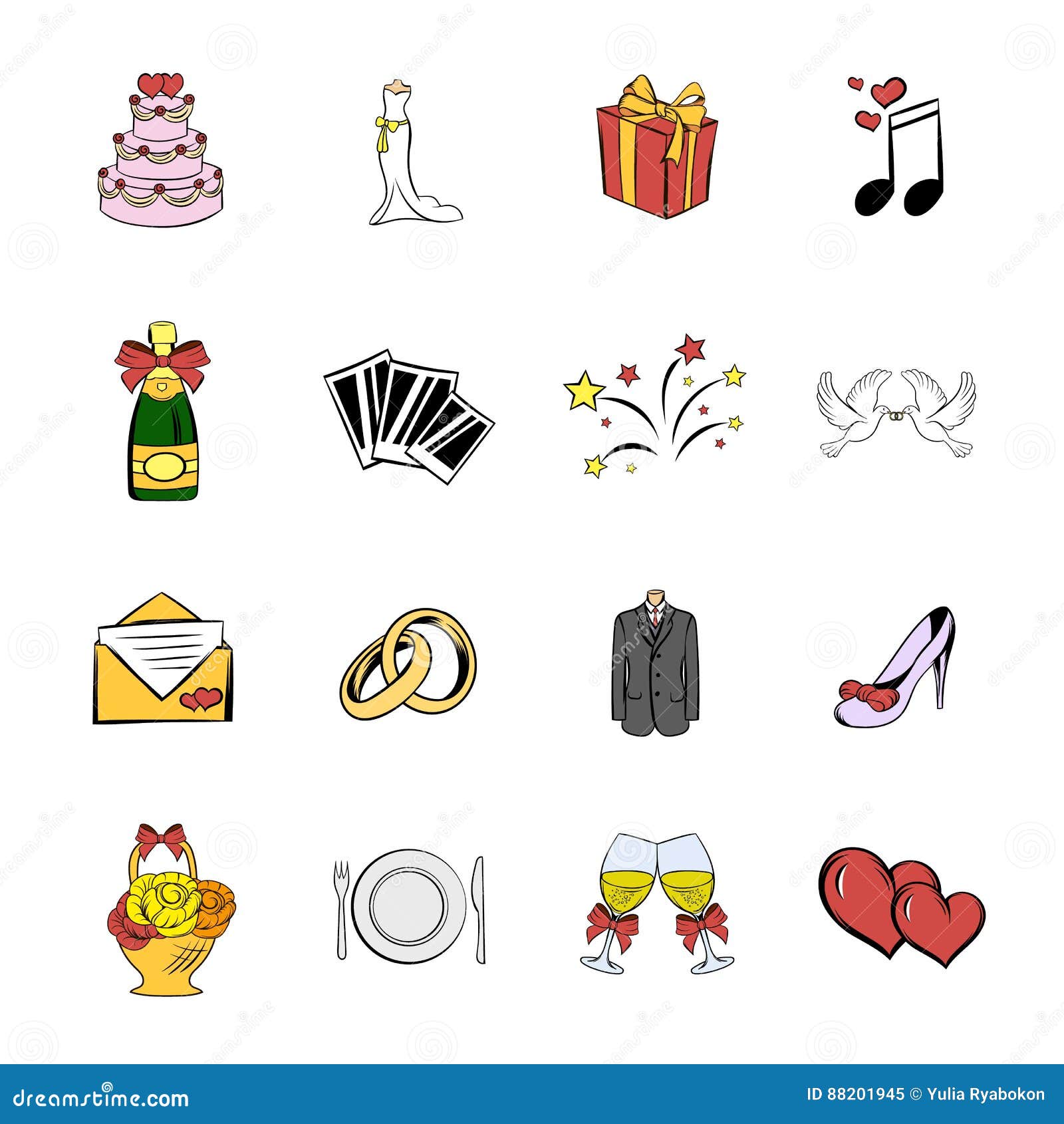 Wedding icons set cartoon stock vector. Illustration of glass - 88201945