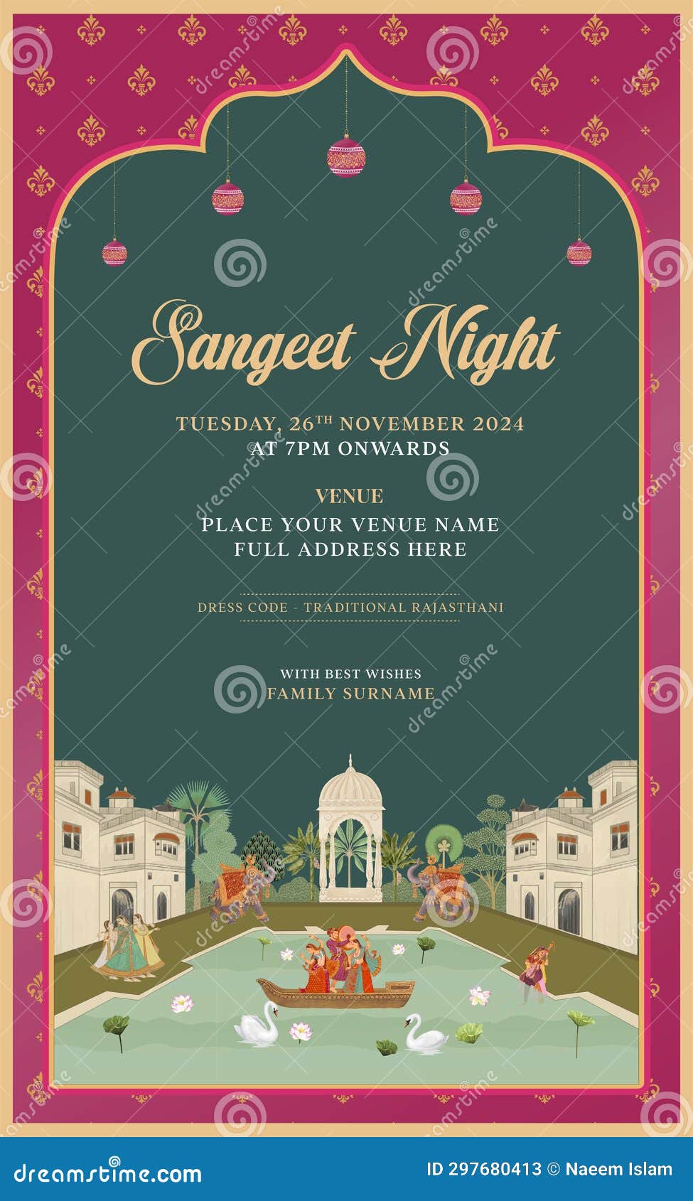 Traditional Indian Mughal-style Sangeet Night Invitation Card Design ...