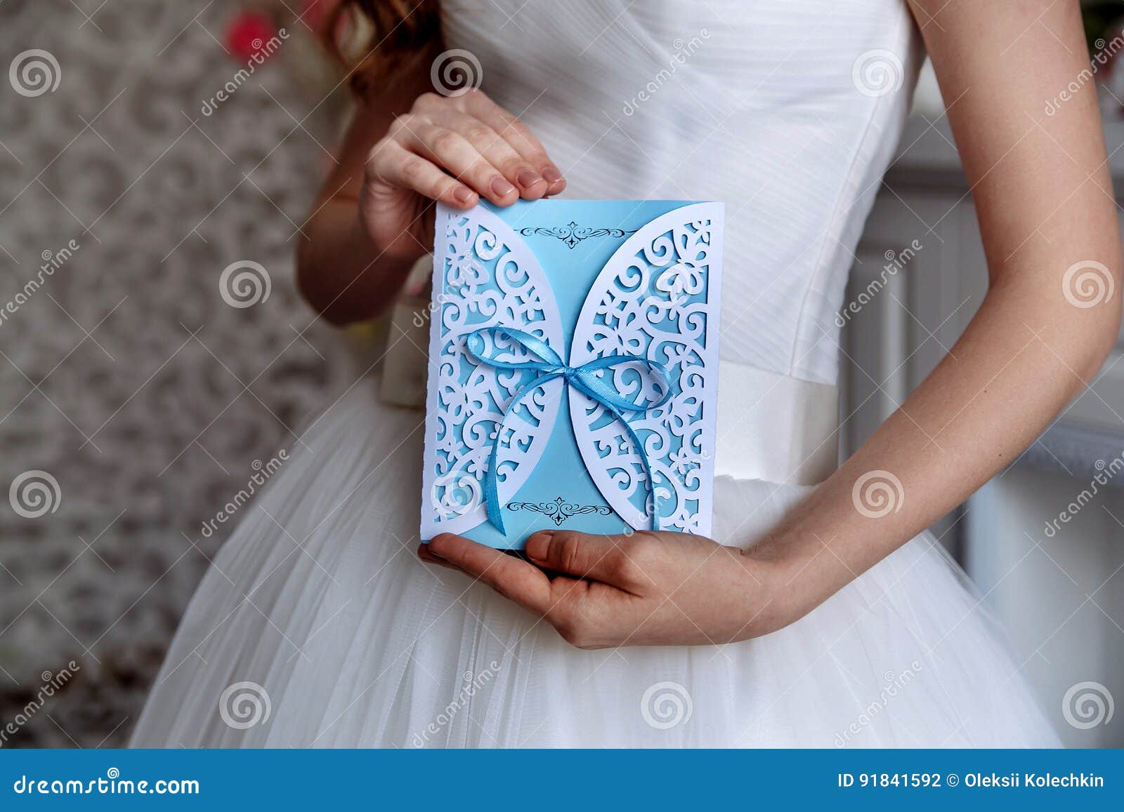 Wedding Invitation Blue Card in Hands Stock Photo - Image of document ...
