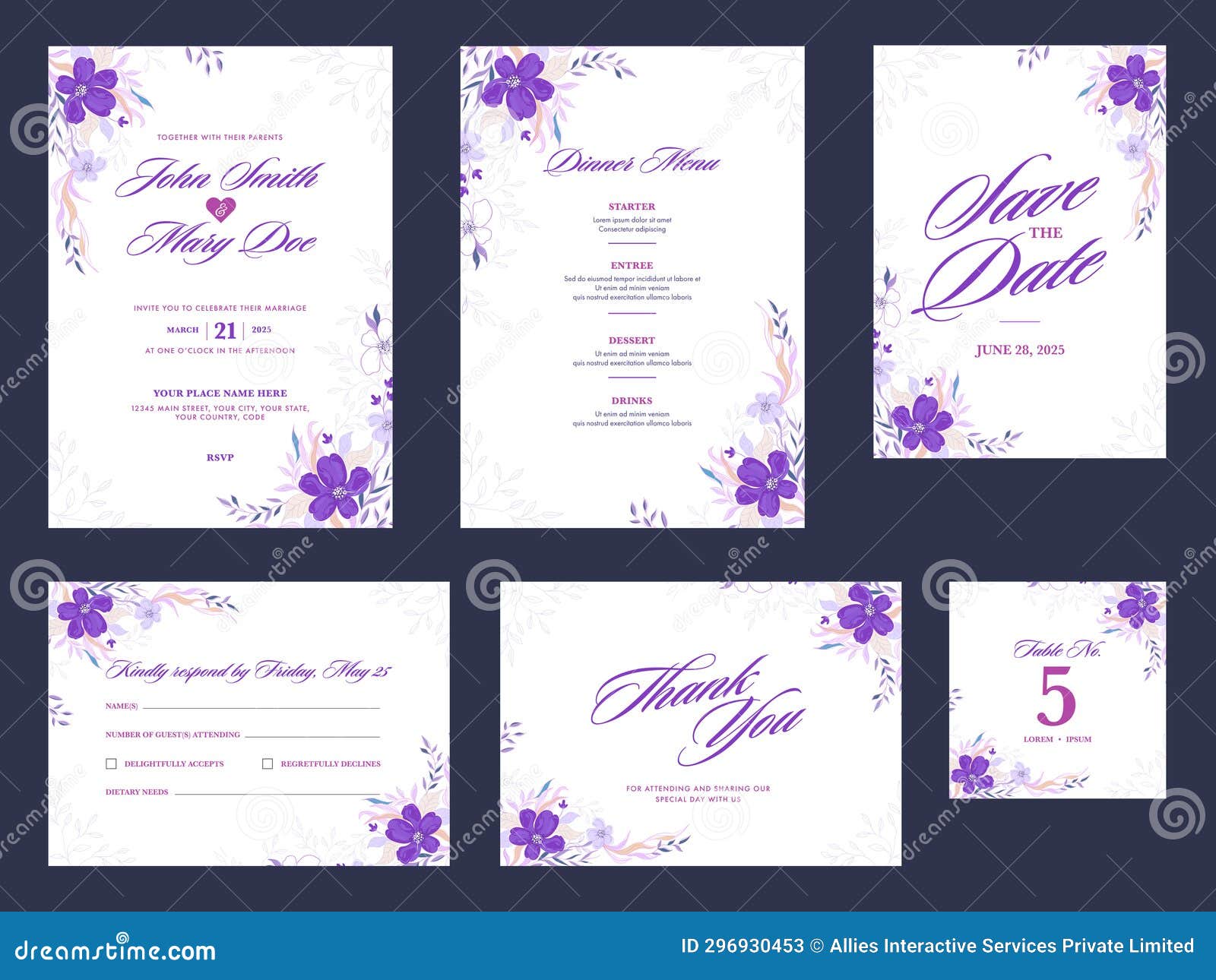 Wedding Invitation Card with Dinner Menu, Save the Date, Thank You ...