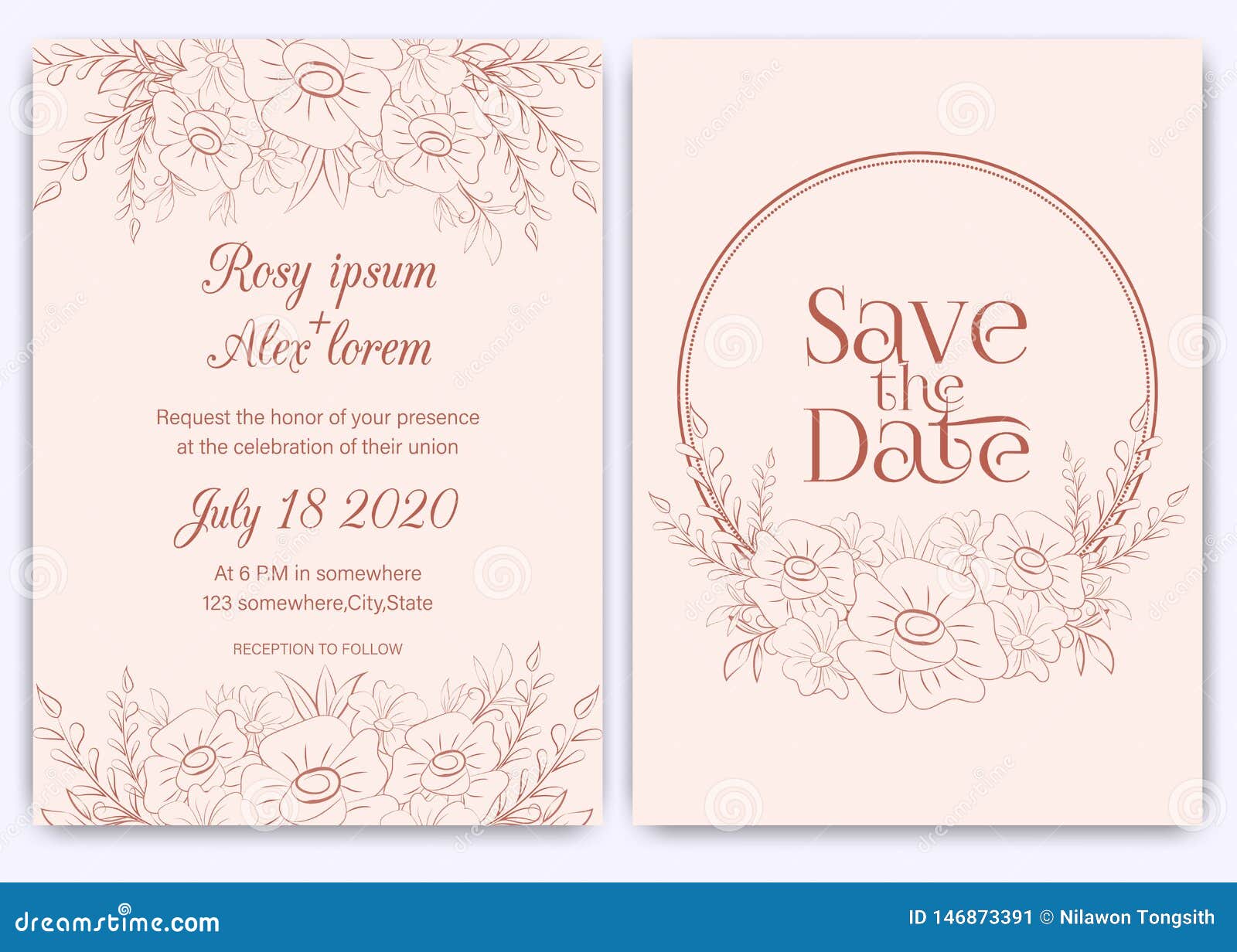 Wedding Invitation Card Floral Hand Drawn Frame Stock Vector ...