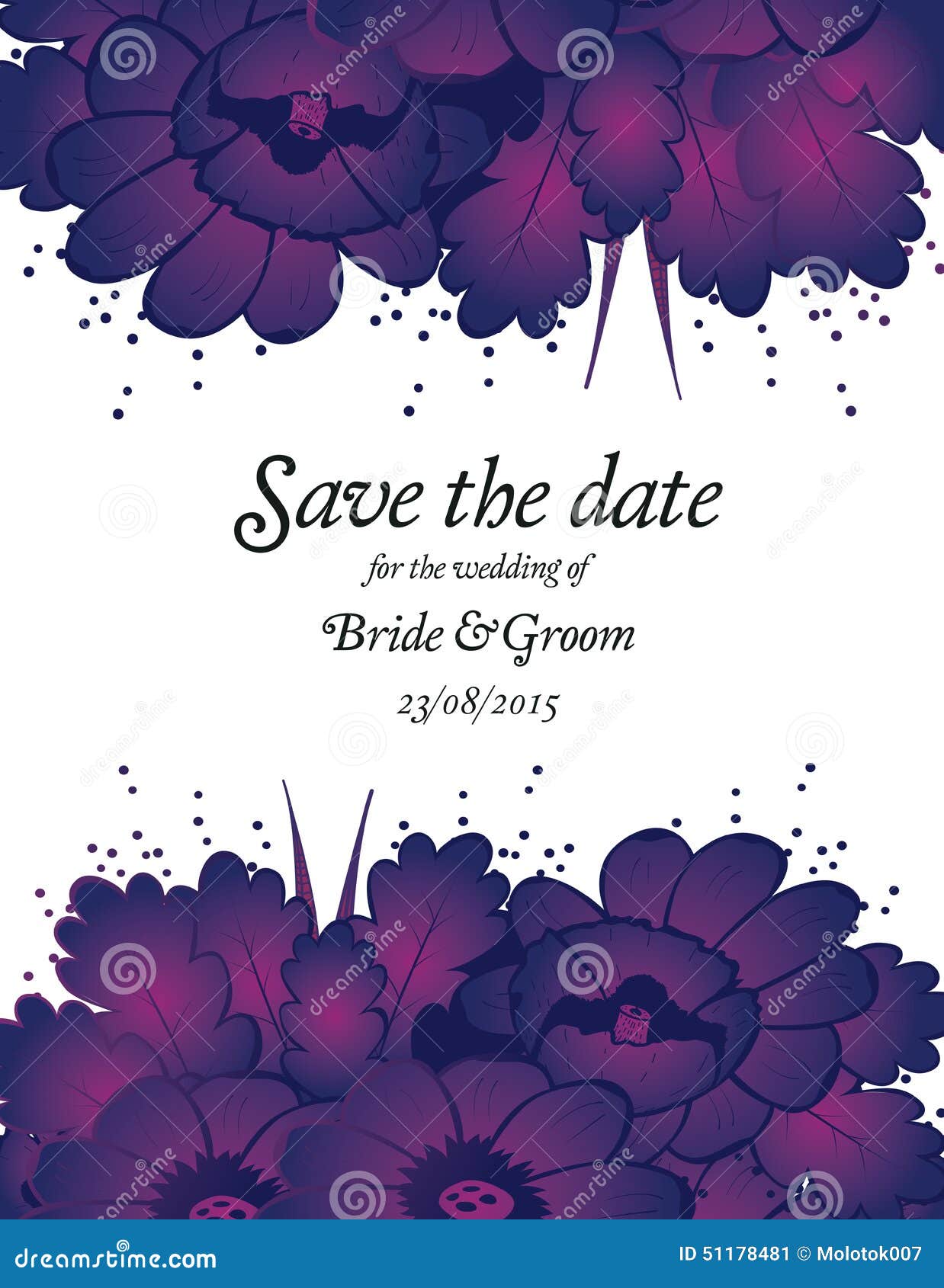 Wedding Invitation Card with Purple Flowers Stock Vector - Illustration ...