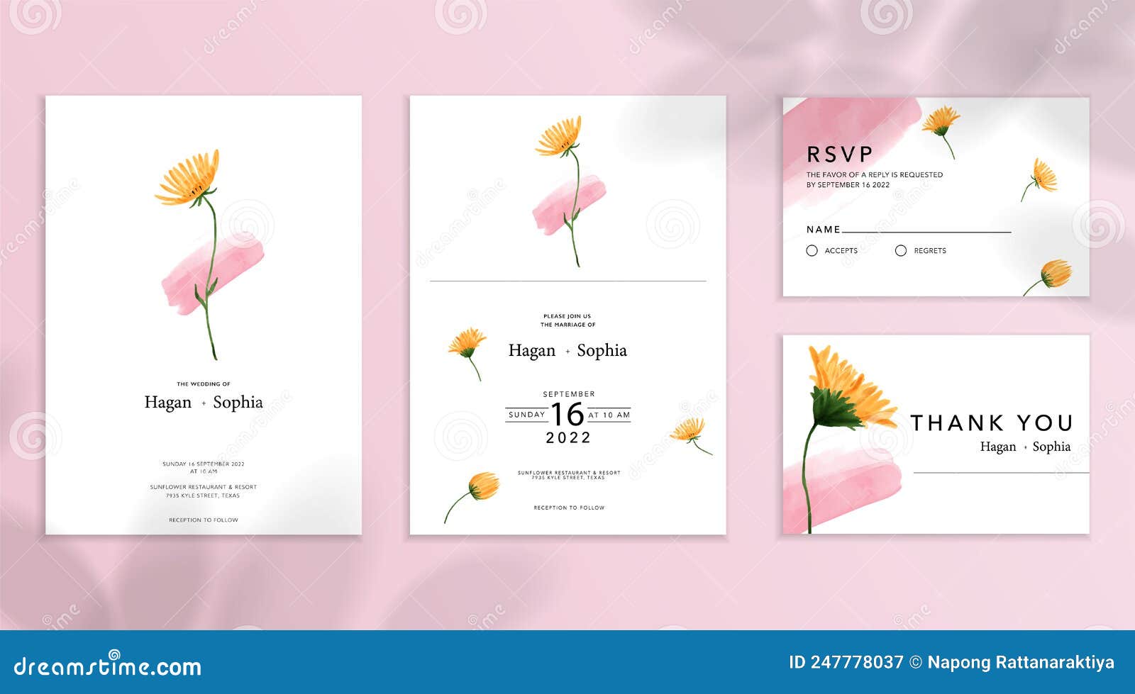 Wedding Invitation Card Set Template with Beautiful Yellow Flowers and ... Wedding Invitation Card Set Template with Beautiful Yellow Flowers and ...