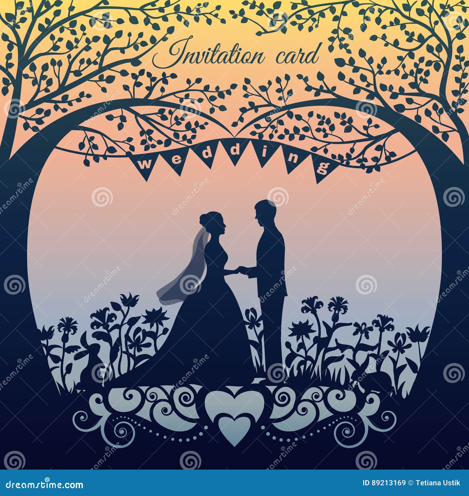 Wedding Invitation Card with Silhouette Bride and Groom Stock Vector ...