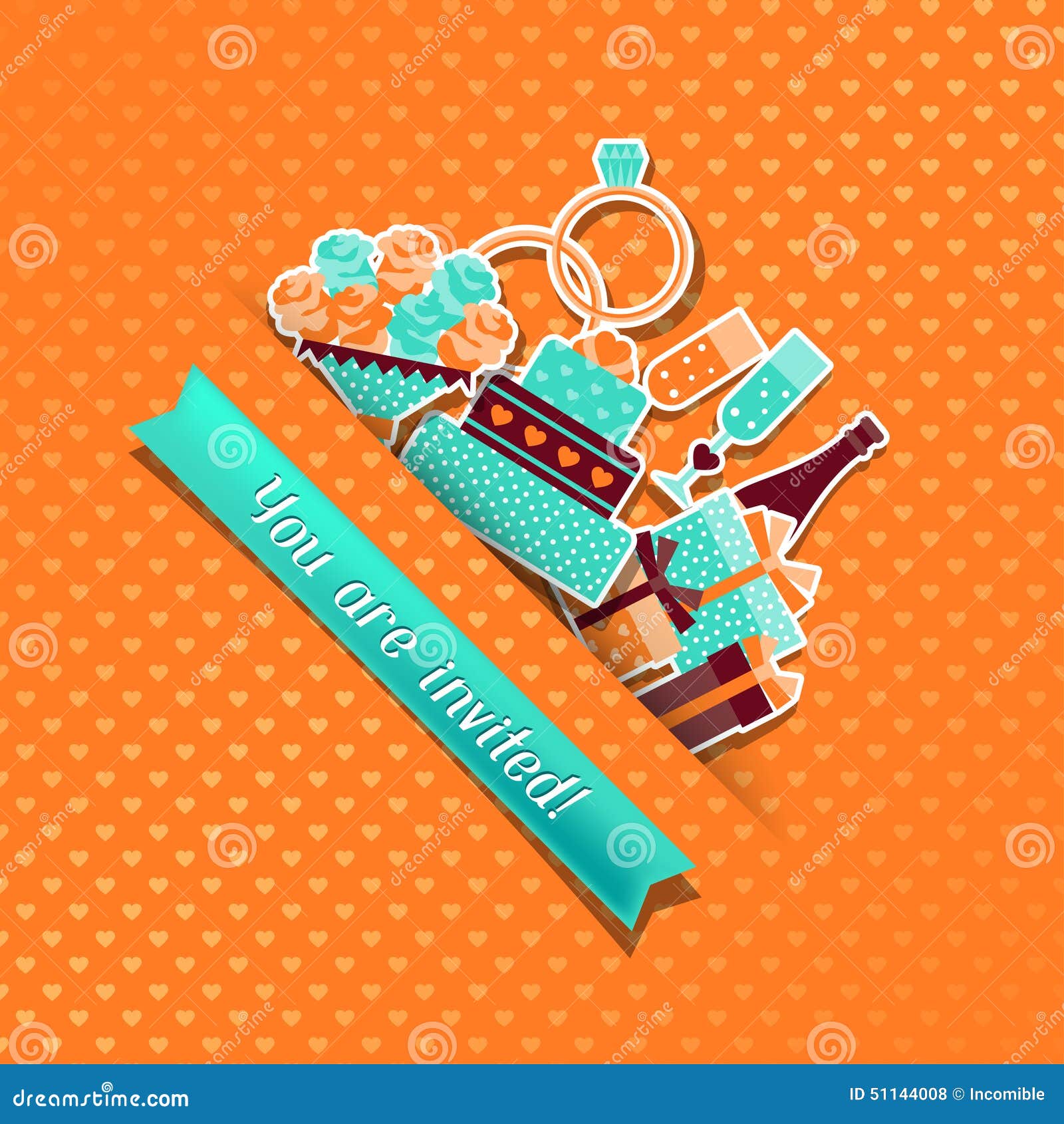 Wedding Invitation Card With Stickers In Retro Vector Illustration ...