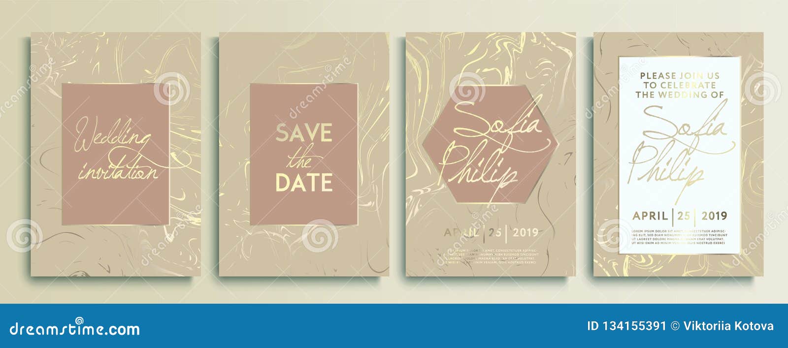 Wedding Invitation Cards with Marble Texture Background and Gold ...