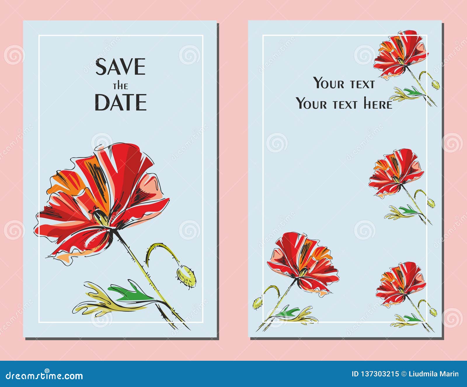 Wedding Invitation Cards with a Red Poppy Vector Illustration Stock ...