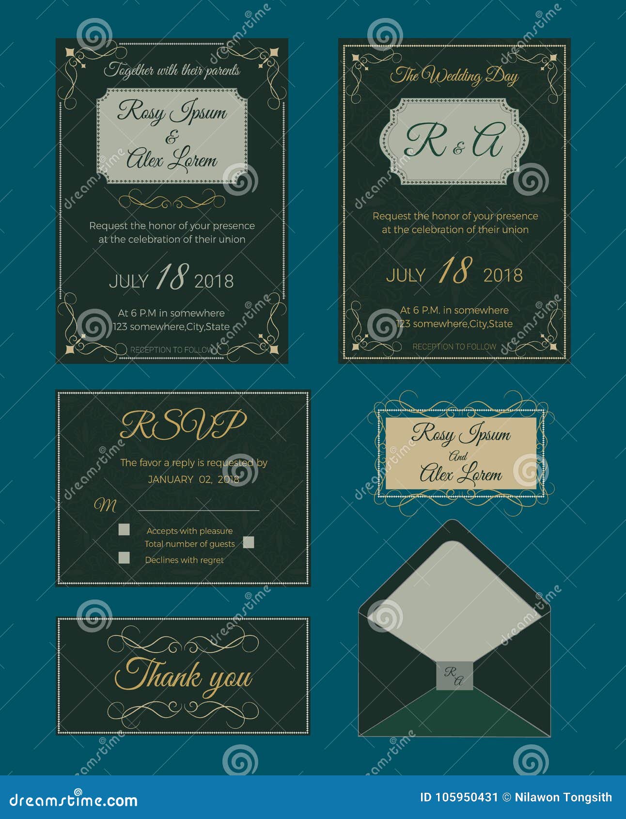 Wedding Invitation Design Template for Print with Save the Date, RSVP ...