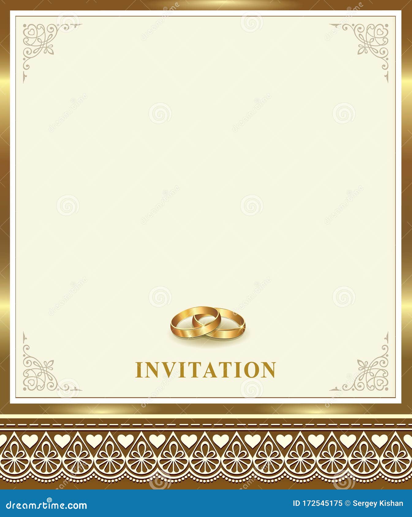 Wedding Invitation in Golden Frame with Hearts and Rings Stock Vector ...